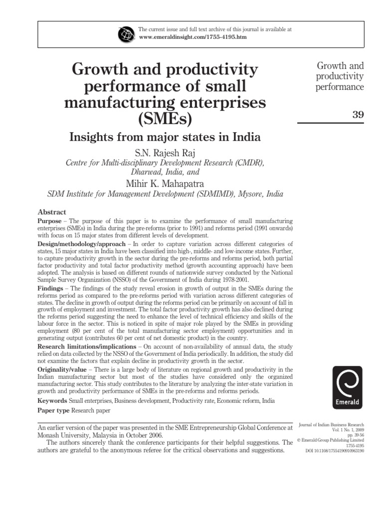 Growth and Productivity Performance of Small Manufacturing Enterprises ...