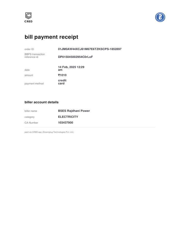 BSES Rajdhani Payment Receipt | PDF