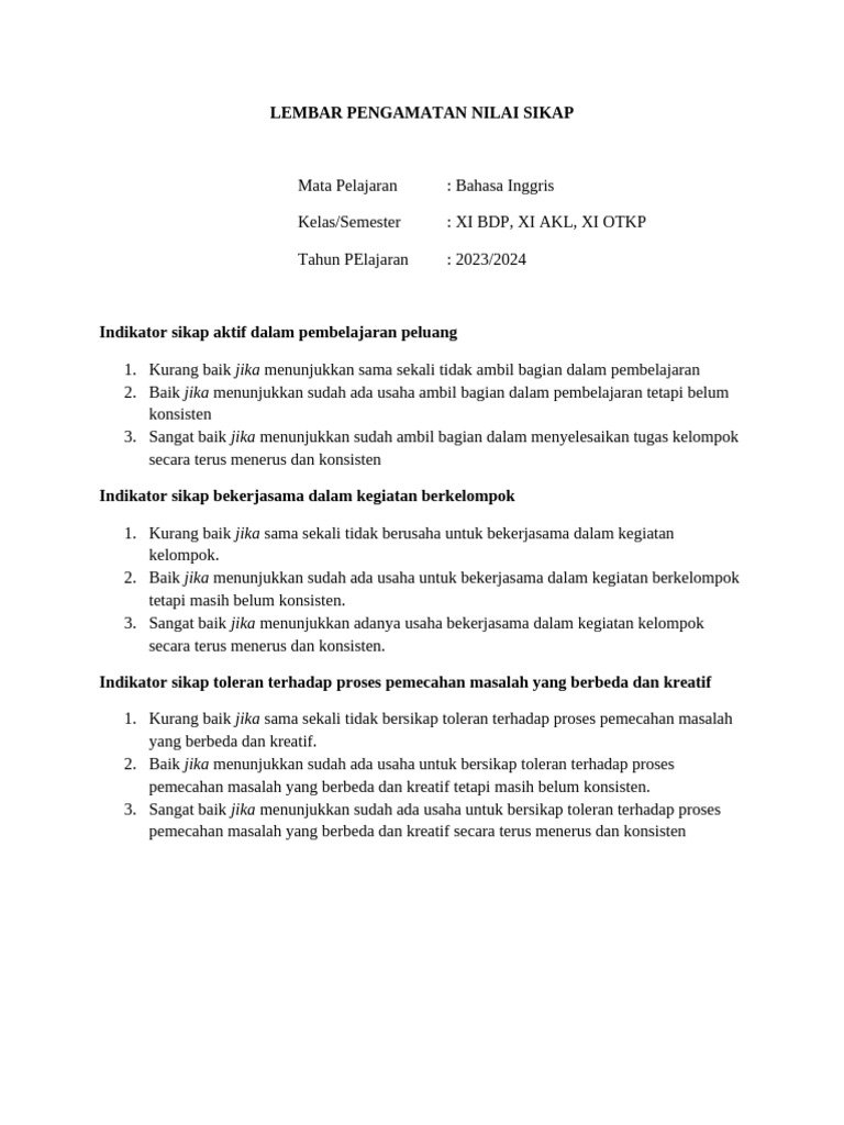 Lembar Pengamatan Nilai Sikap | PDF