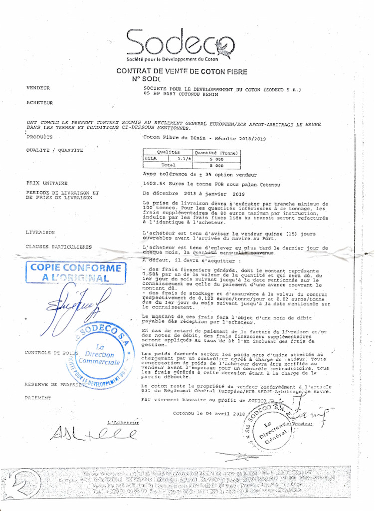 Contrat de Vente de Coton SODECO | PDF
