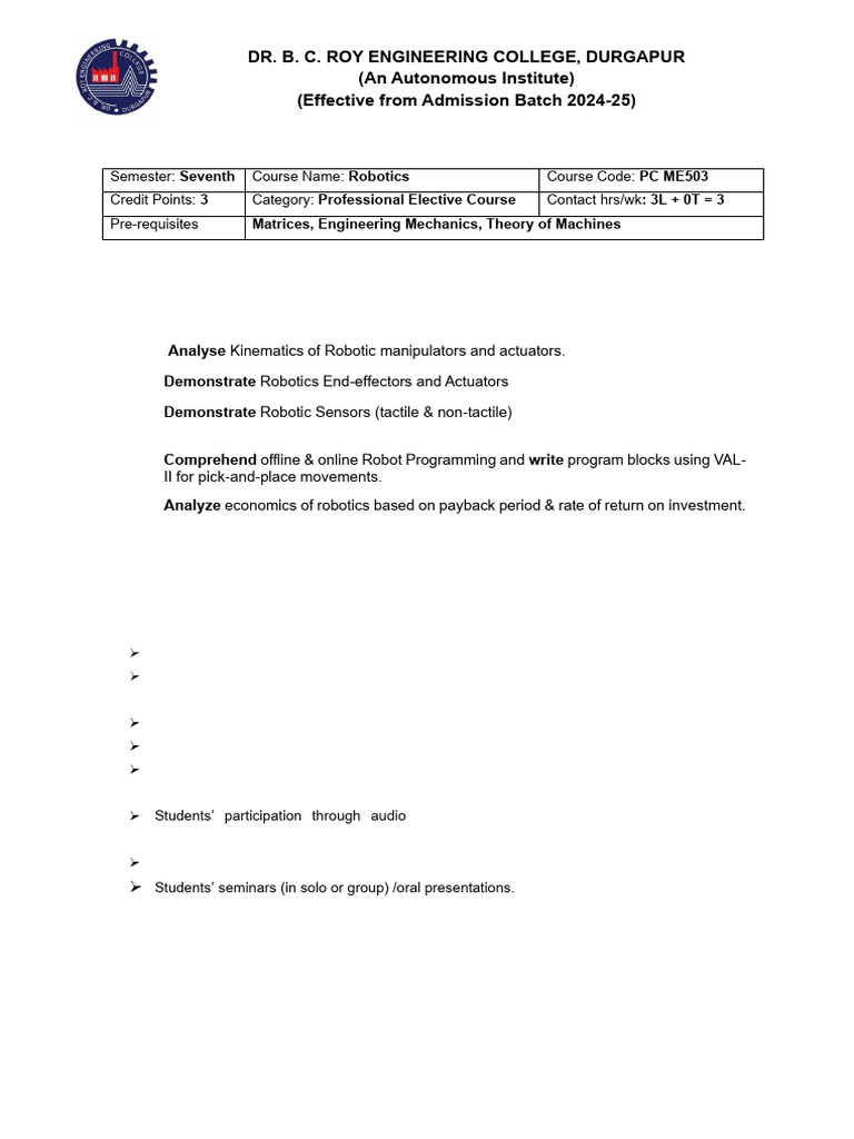 PE ME701 or 702 G-Robotics -DrCC | PDF | Kinematics | Robot