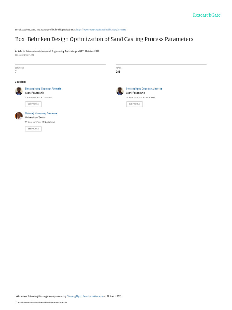 Box-Behnken Design Optimization of Sand Casting PR | PDF | Linear ...