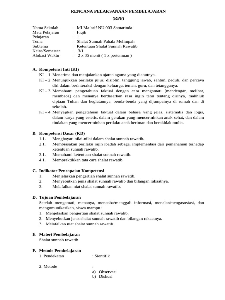 RPP Fiqih SMT 1 Kelas 3 Ke-1 | PDF