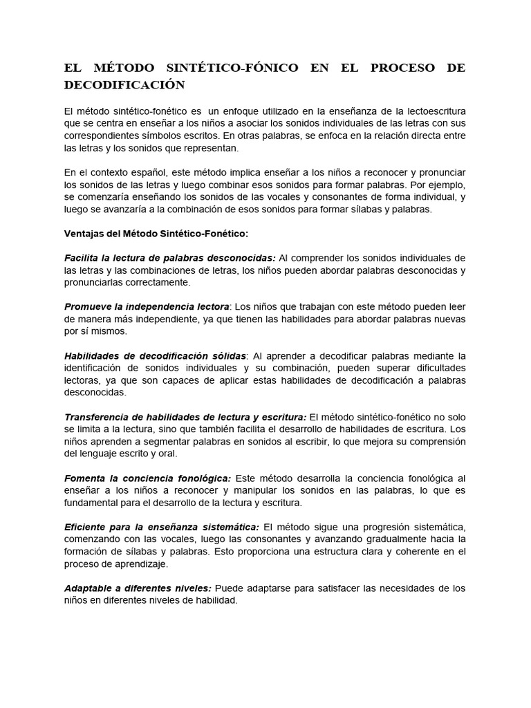 EL MÉTODO SINTÉTICO-FÓNICO | PDF | Enseñando | Aprendizaje