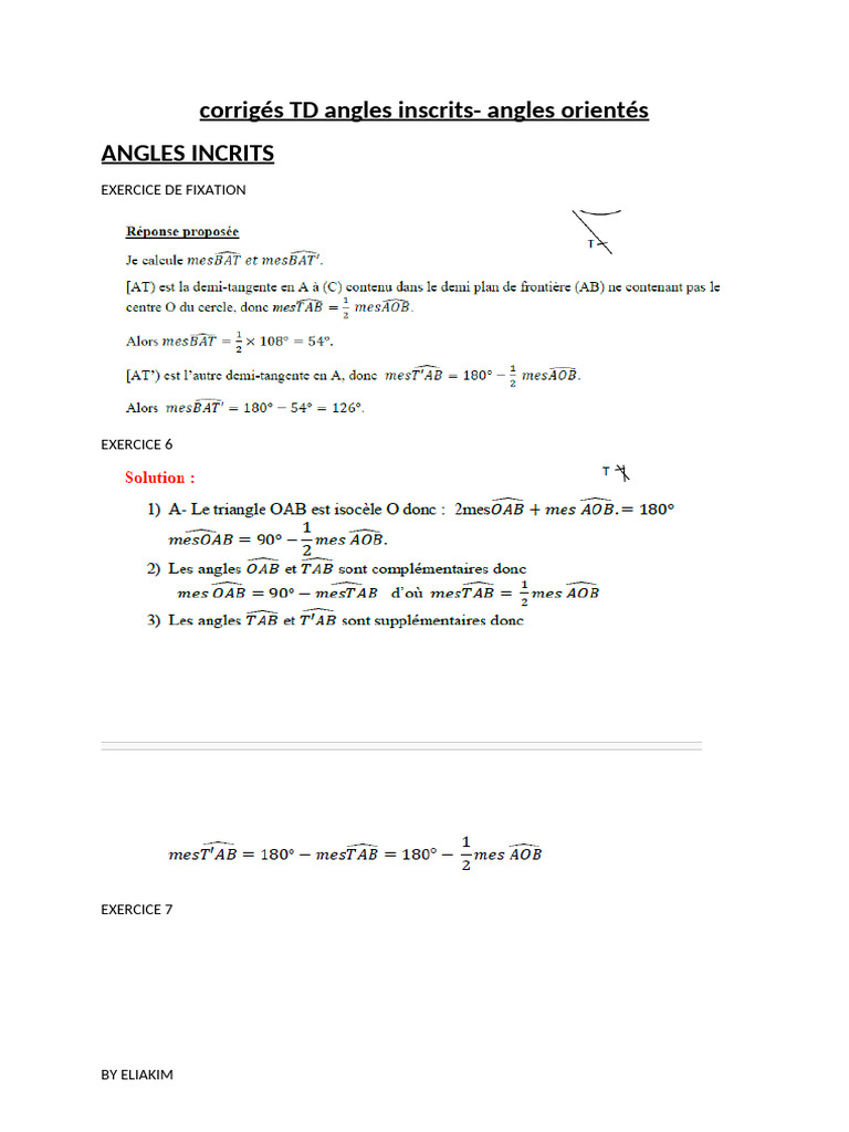 corrigés TD angles inscrits- Angles orientés_110703 | PDF