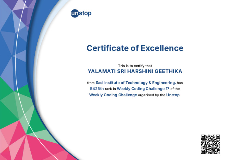 Certificate of Excellence: Yalamati Sri Harshini Geethika | PDF