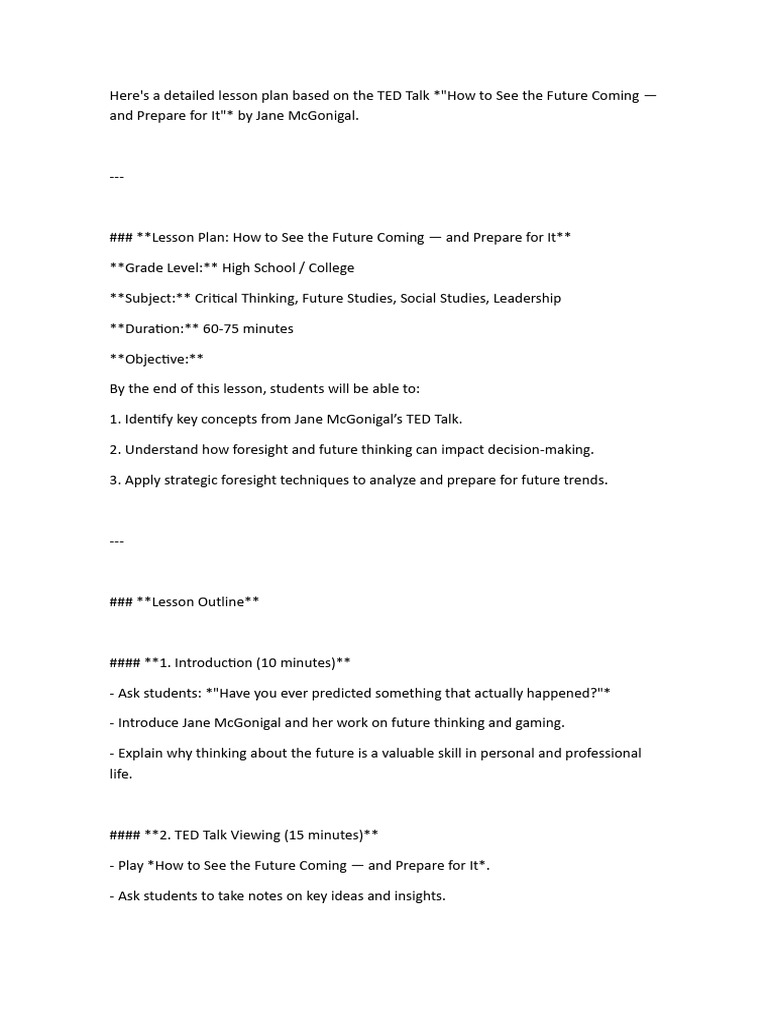 How To See The Future Coming Ted Talk Lesson Plan | PDF