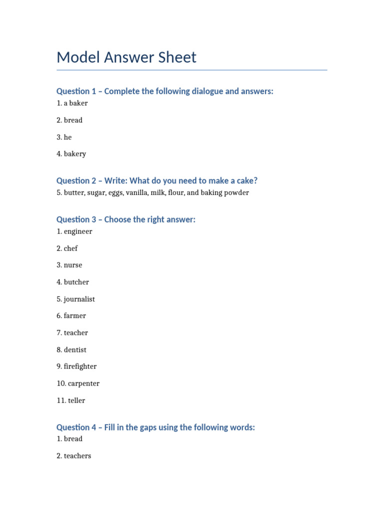 Model Answer Sheet for Questions | PDF