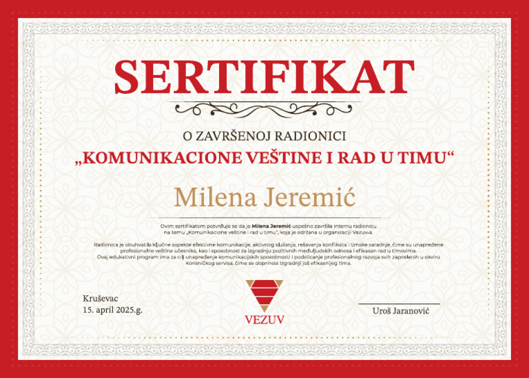 Milena Jeremic Sertifikat | PDF