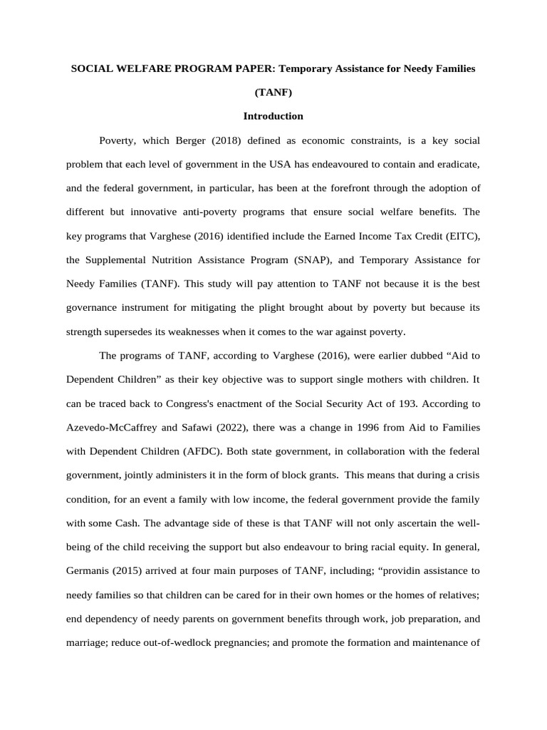 Social Welfare Program Paper | PDF | Temporary Assistance For Needy ...