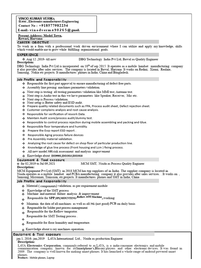 Quality Engineer Resume - Vinod Kumar Verma | PDF | Printed Circuit Board