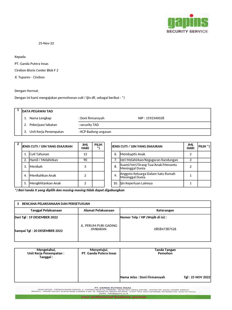 Permohonan Cuti Doni Firmansyah | PDF