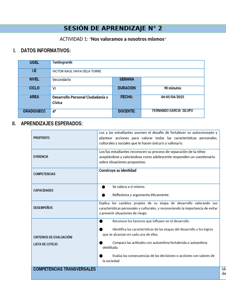 SESIÓN 1 (U1) (4° Grado) - DPCC | PDF | Aprendizaje | Maestros