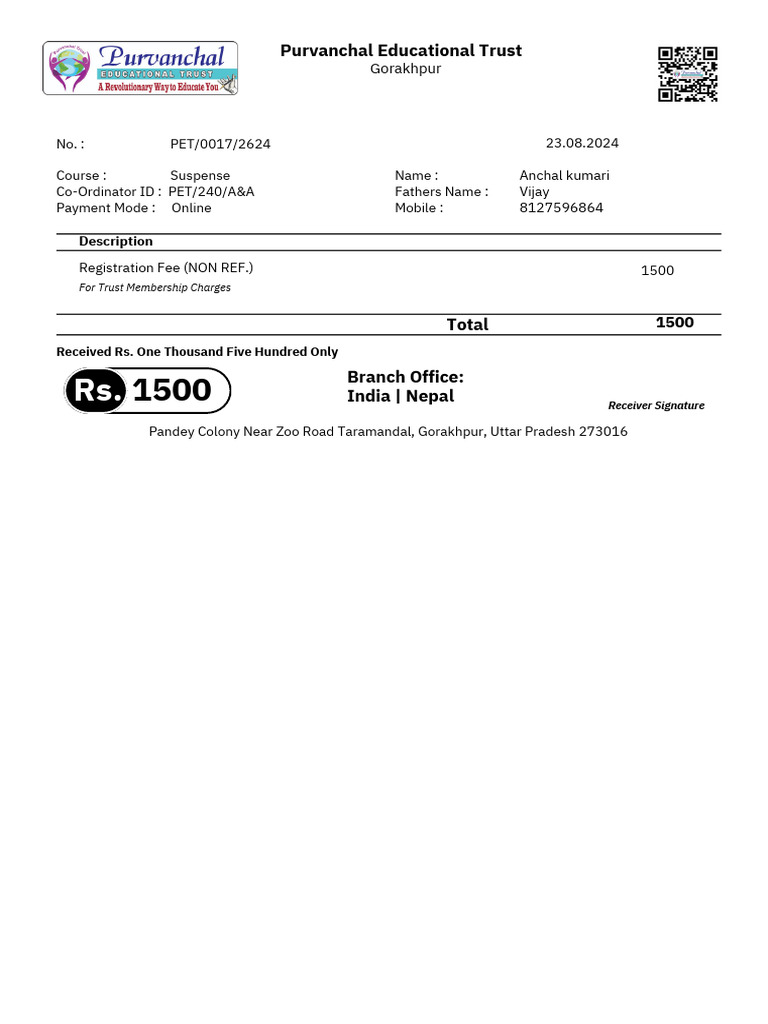 Anchal Registration Reciept | PDF