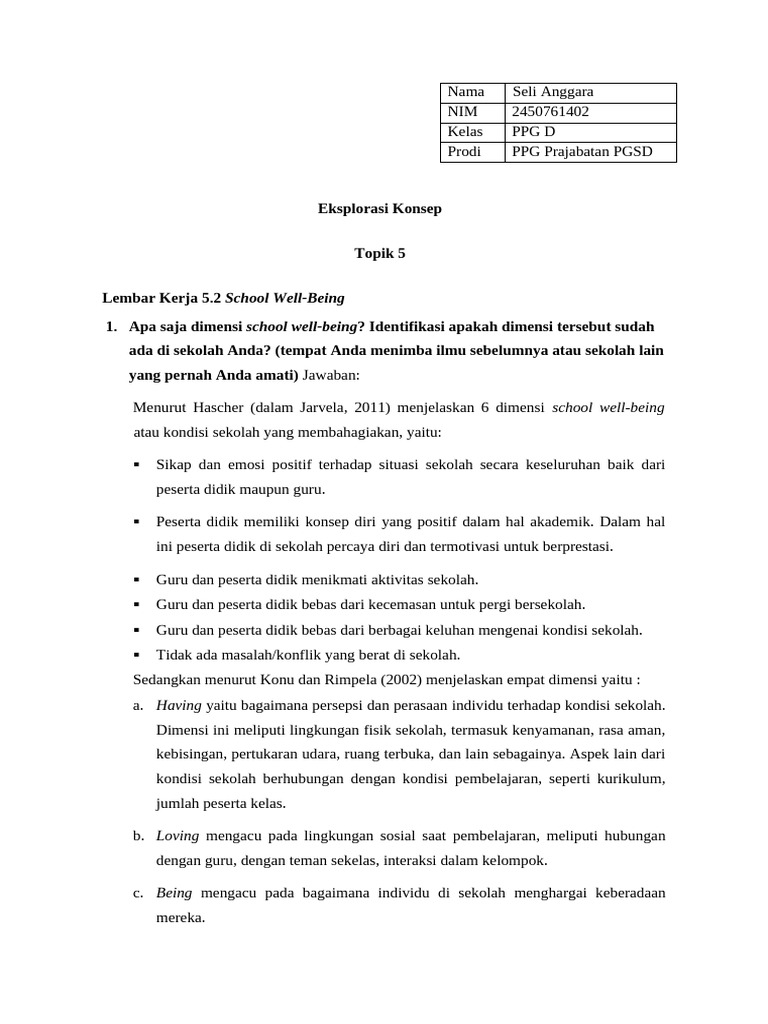 Seli Anggara - 02.01.3-T5-3 Eksplorasi Konsep-Lembar Kerja 5.2 School Well-Being | PDF