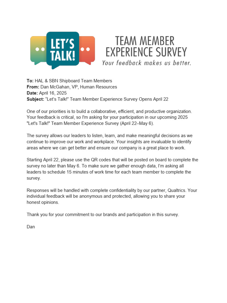 To: From: Date: Subject:: "Let's Talk!" Team Member Experience Survey | PDF