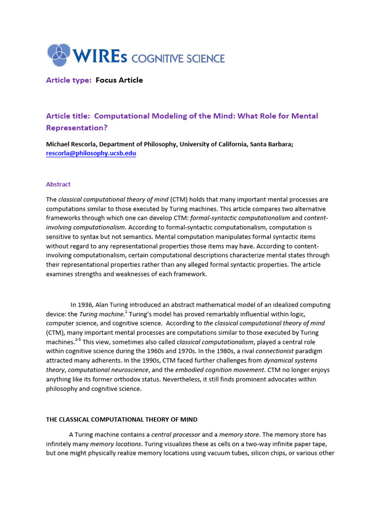 Computational Modeling of Mind | PDF | Internalism And Externalism | Semantics