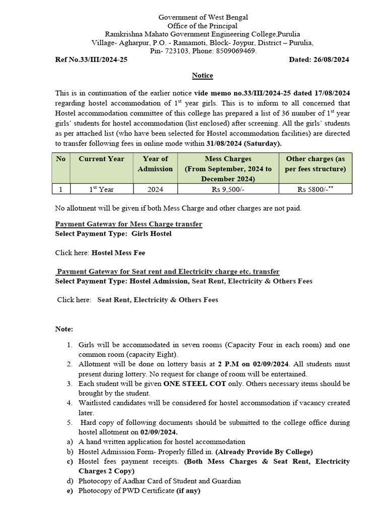 1724691569740girls Hostel Allotment Notice For 1st Year 2024 PDF | PDF ...