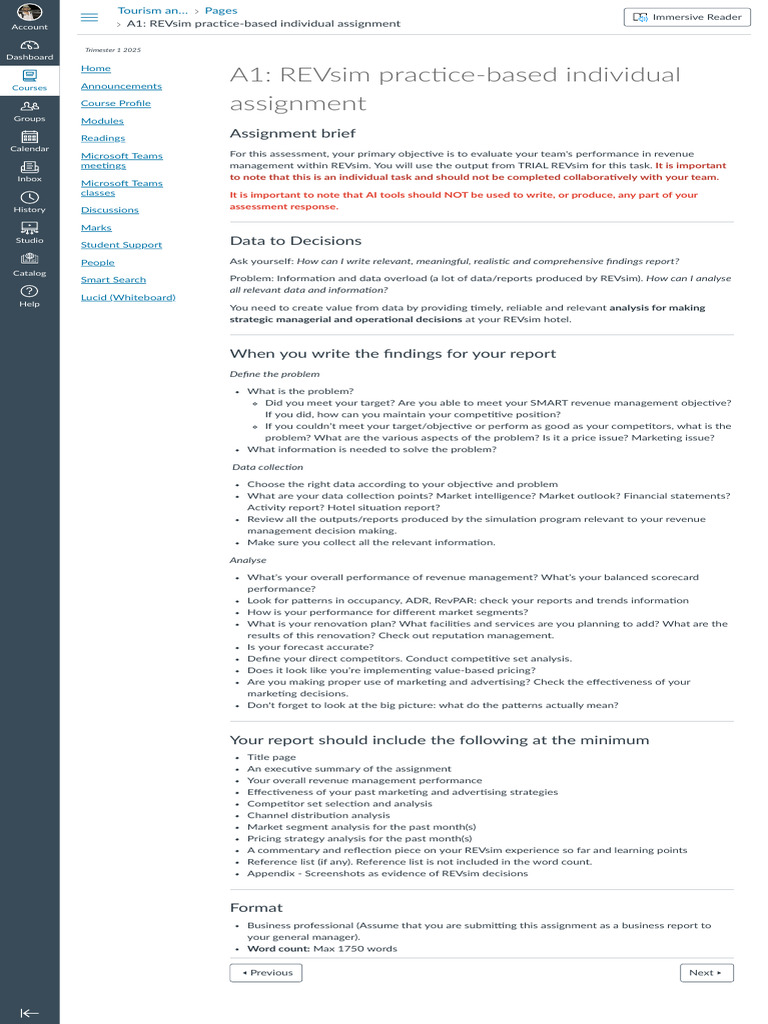 A1 - REVsim Practice-Based Individual Assignment - Tourism and ...