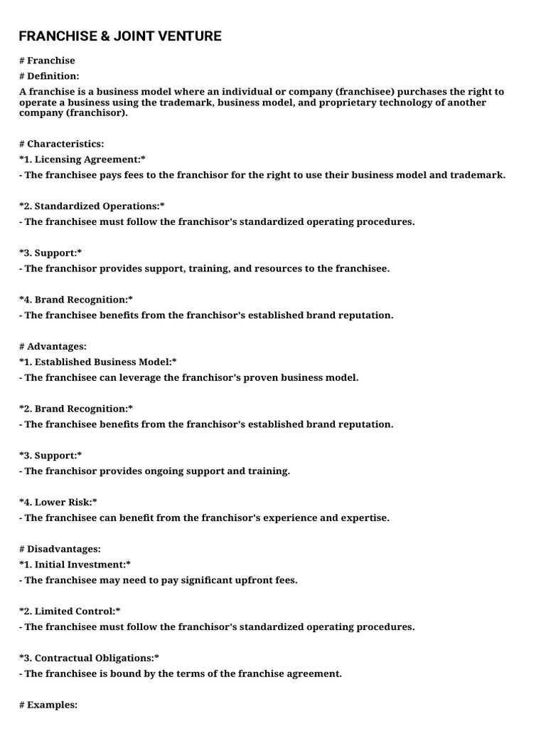 Franchise vs Joint Venture Overview | PDF | Franchising | Business Law