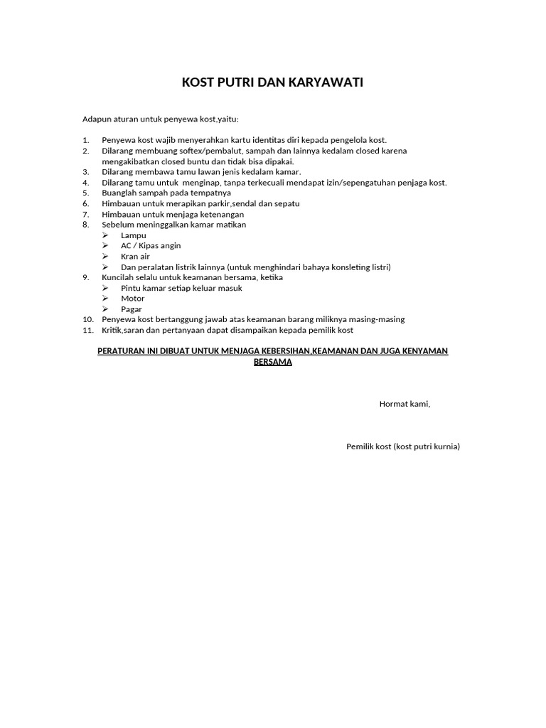 Kost Putri Dan Karyawati | PDF