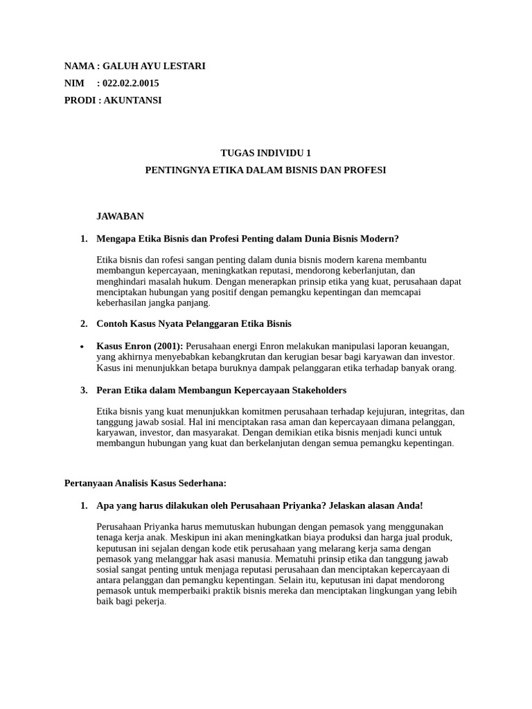 K-1 - TUGAS INDIVIDU 1 - Pentingnya Etika Dalam Bisnis Dan Profesi | PDF
