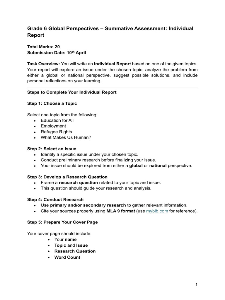 Grade 6 Global Perspectives - IR Tasksheet | PDF | Citation | Learning