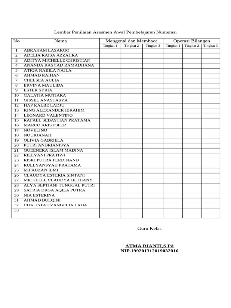 Lembar Penilaian Asesmen Awal Pembelajaran Numerasi | PDF