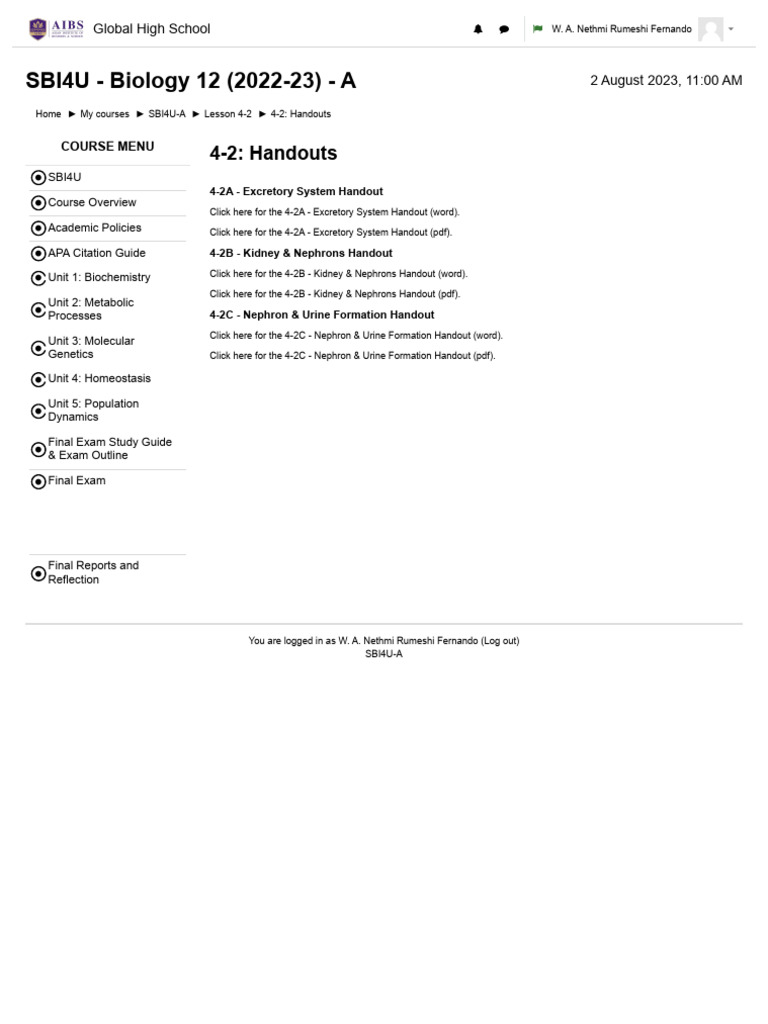 SBI4U Excretory System Handouts | PDF
