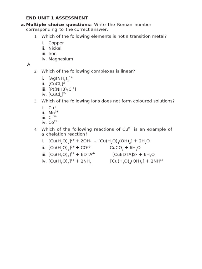 End Unit 1 Assessment Assessment | PDF | Aromaticity | Coordination Complex