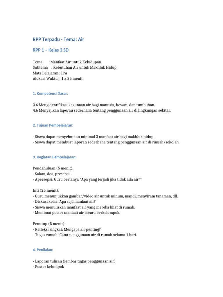 RPP Tema Air untuk Kelas 3 dan 5 SD | PDF
