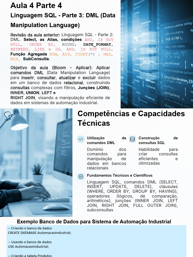 Aula 4 Parte 4 - Linguagem SQL - Parte 3 DML | PDF | SQL | Dados