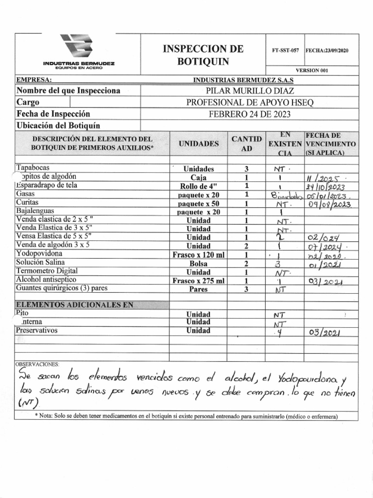 Inspeccion de Botiquin | PDF