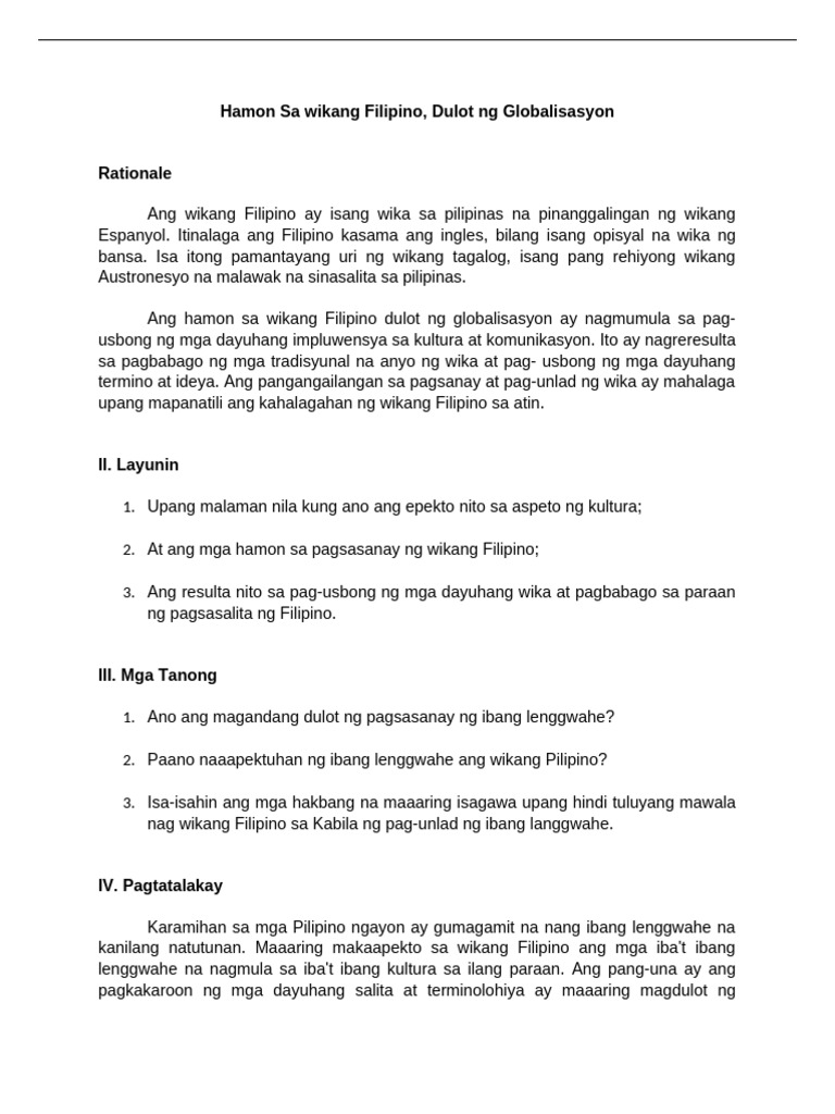 Hamon Sa Wikang Filipino Dulot NG Globalisasyon | PDF