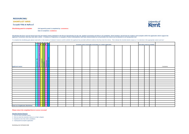 Resourcing Shortlist Grid Template | PDF
