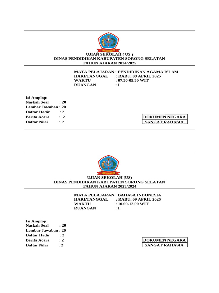 Sampul Amplop Ujian Sekolah | PDF