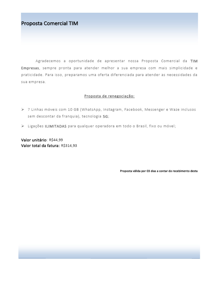 Proposta Comercial TIM para Empresas | PDF