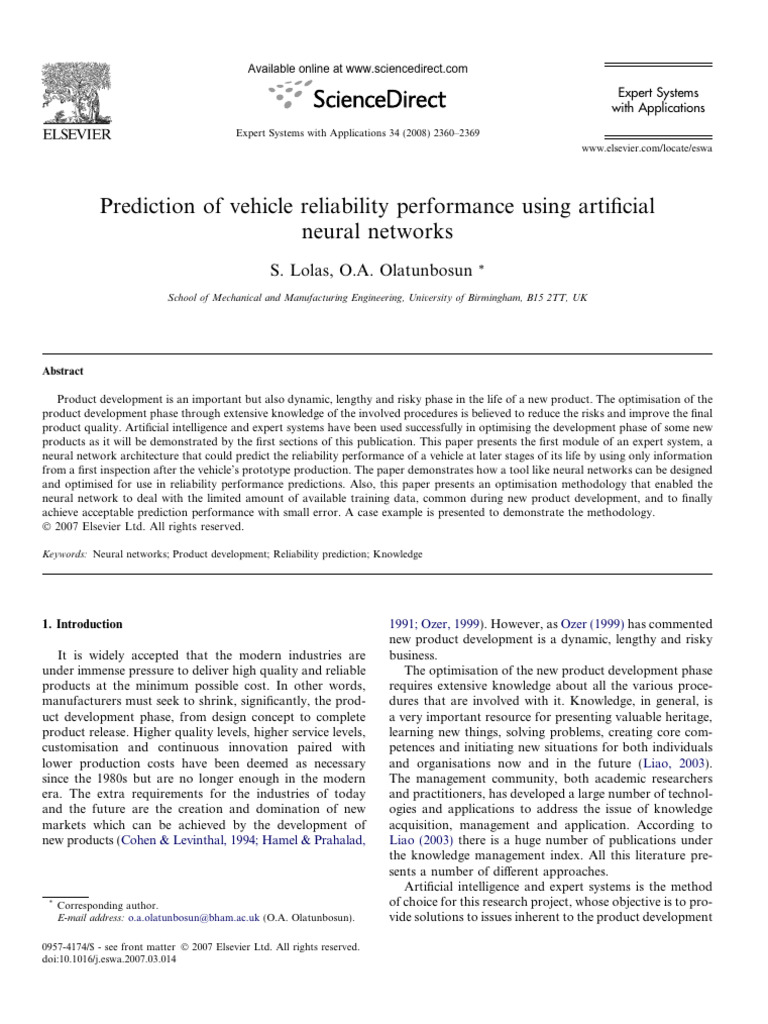 Prediction of Vehicle Reliability Performance Using Artificial Neural ...