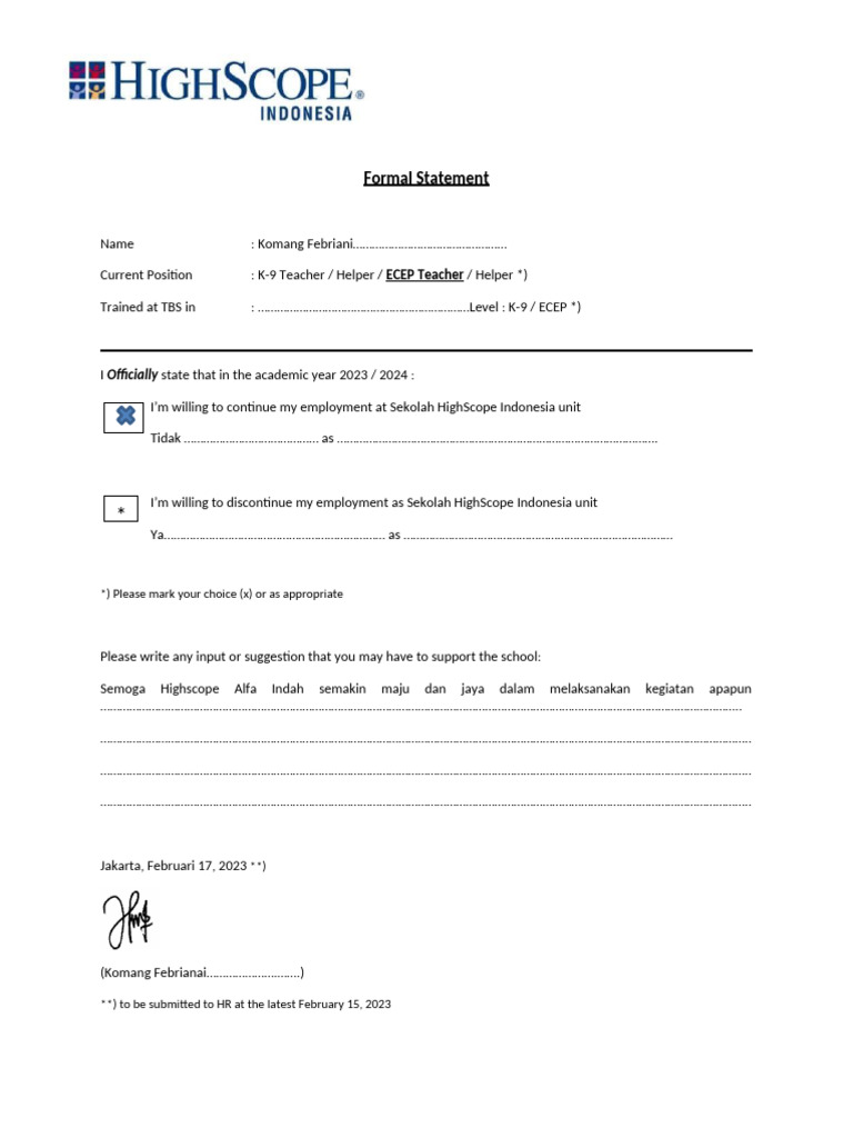 Form Formal Statement 2023 | PDF