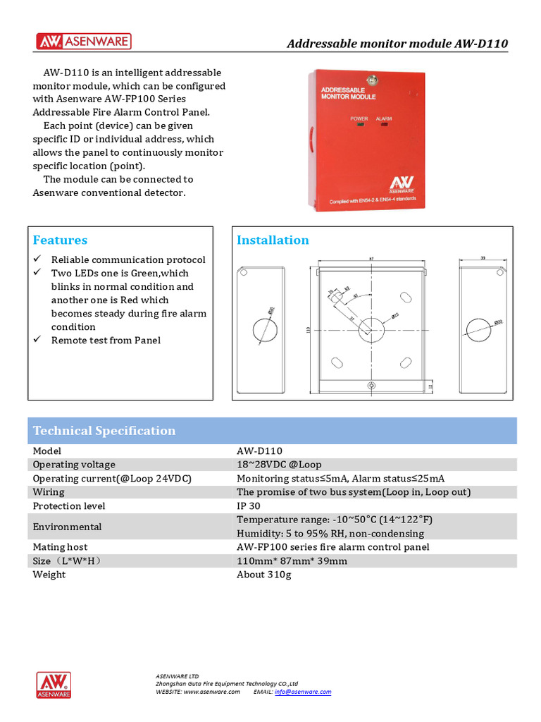 Intelligent Addressable Monitor Module AW-D110 | PDF