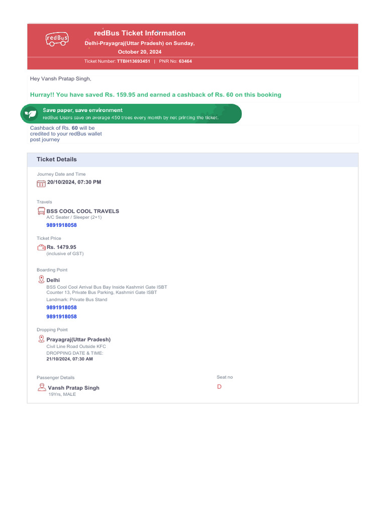 Bus Ticket TTBH13693451 | PDF