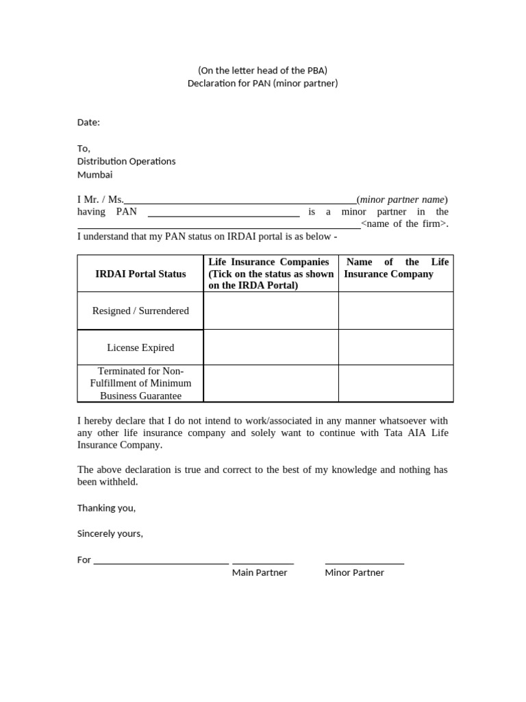 Declaration For PAN (Minor Partner) | PDF