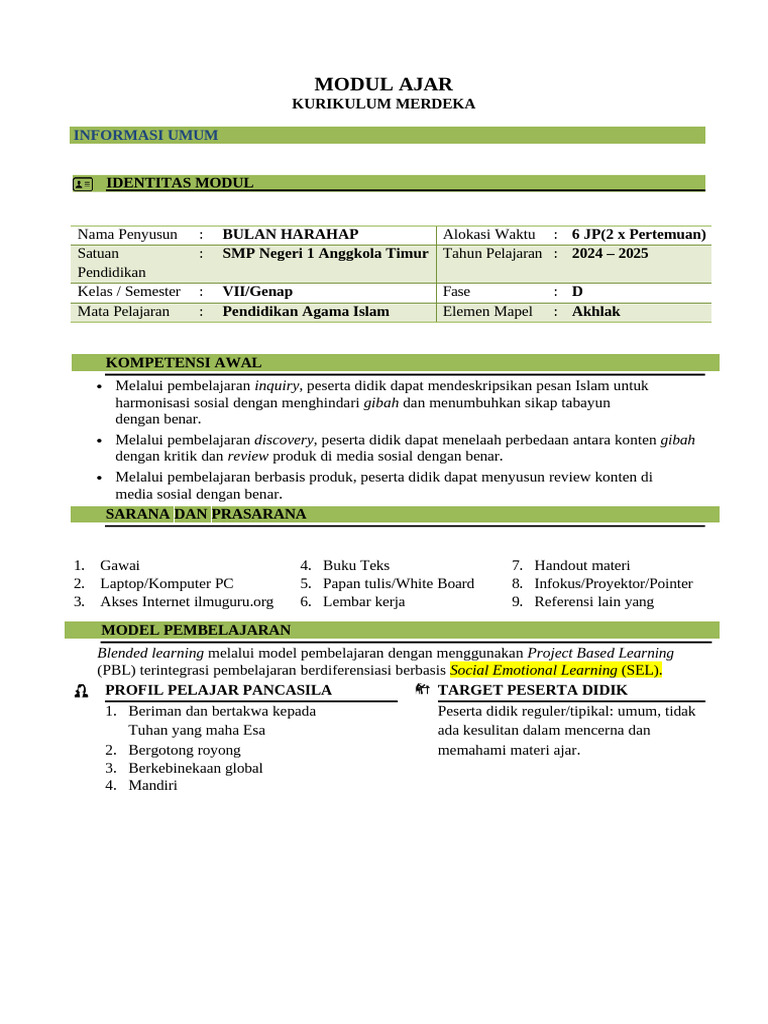 Modul Ajar Gibah Dan Tabayun | PDF