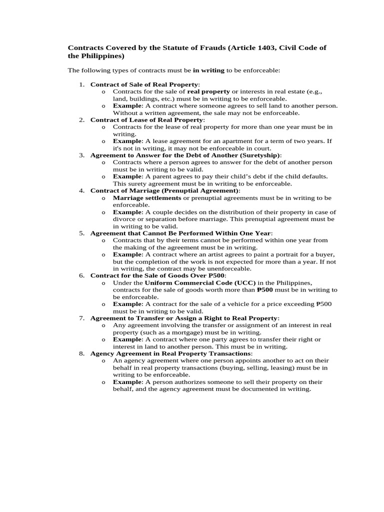 Contracts Covered by The Statute of Frauds - Philippines | PDF | Surety | Consent