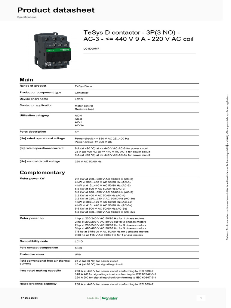 Schneider Electric_TeSys-Deca-contactors_LC1D09M7 | PDF | International ...