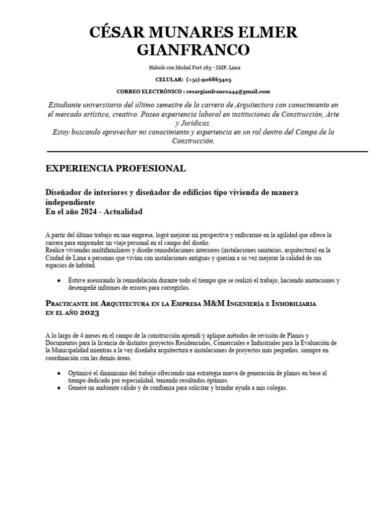 CV - Elmer Gianfranco César Munares | PDF