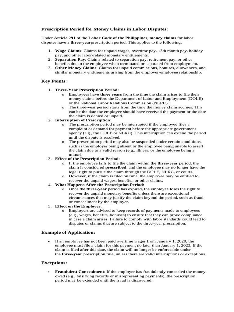 Prescription Period For Money Claims in Labor Disputes | PDF ...