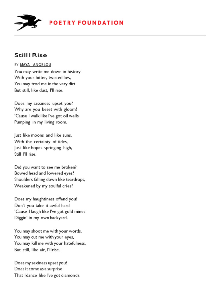 Poetry - Still I Rise by Maya Angelou - Poetry Foundation | PDF