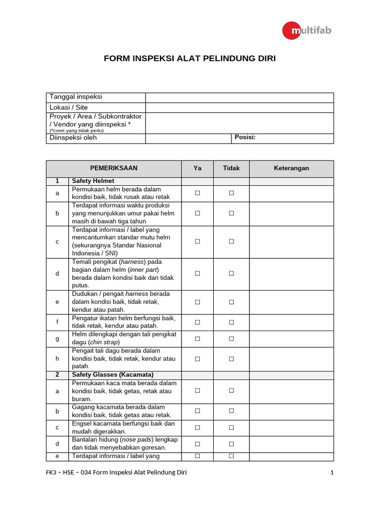 FK3 - HSE - 034 Form Inspeksi Alat Pelindung Diri | PDF