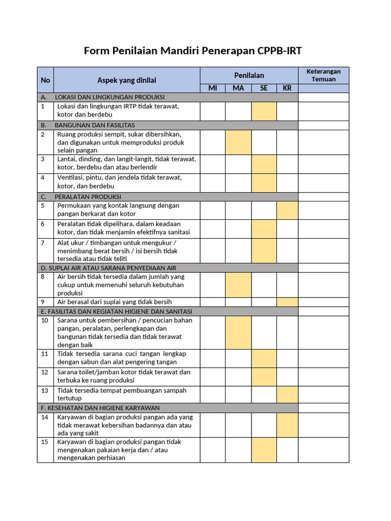 Form Penilaian Mandiri Penerapan CPPB | PDF